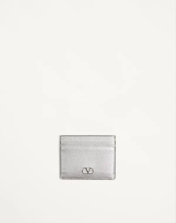Valentino Garavani Vlogo Signature Cardholder In Laminated Grainy Calfskin - Silver