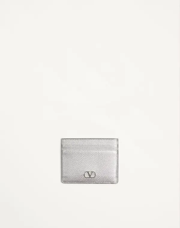 Valentino Garavani Vlogo Signature Cardholder In Laminated Grainy Calfskin - Silver