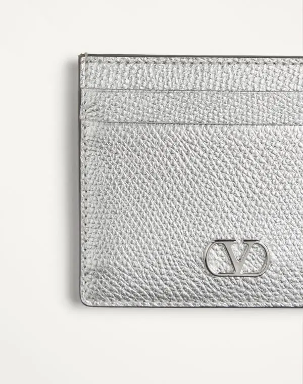 Valentino Garavani Vlogo Signature Cardholder In Laminated Grainy Calfskin - Silver
