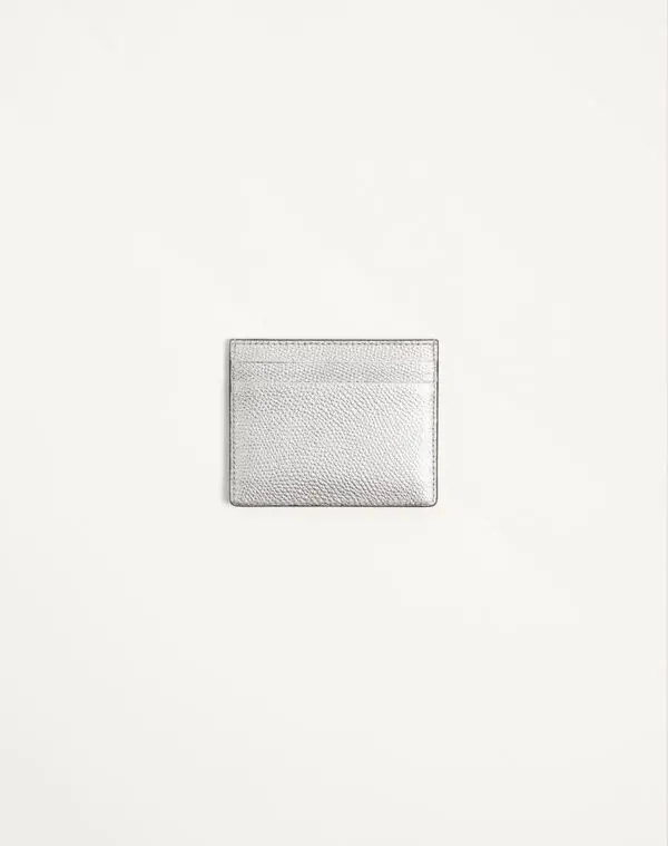 Valentino Garavani Vlogo Signature Cardholder In Laminated Grainy Calfskin - Silver