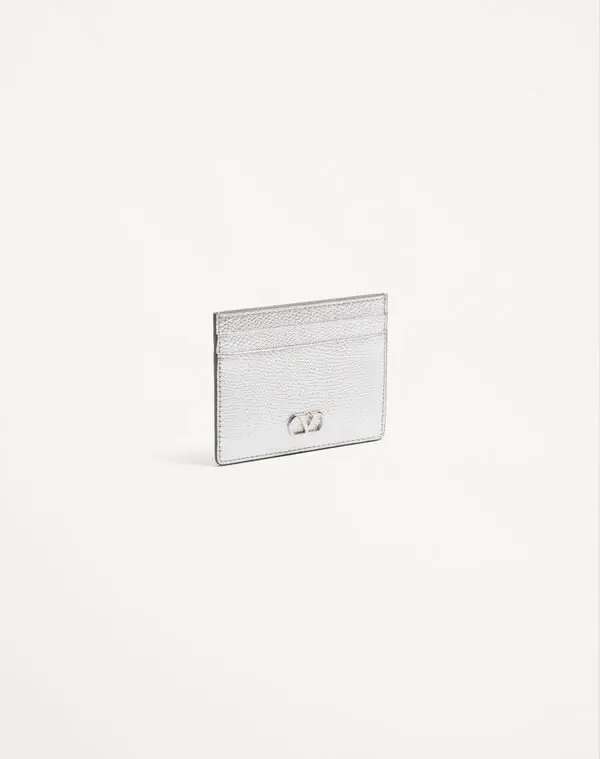Valentino Garavani Vlogo Signature Cardholder In Laminated Grainy Calfskin - Silver