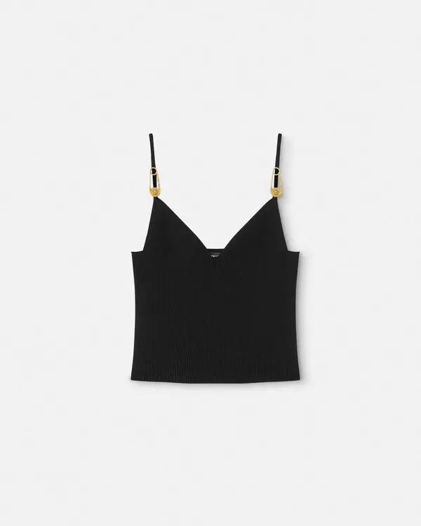 Versace Ribbed Knit V-neck Cropped Top With Safety Pin Detail