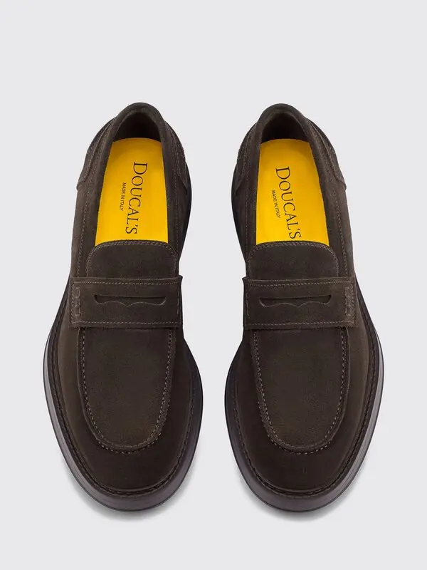 DOUCAL'S Suede Calfskin Penny Loafers With Rubber Sole - Earth
