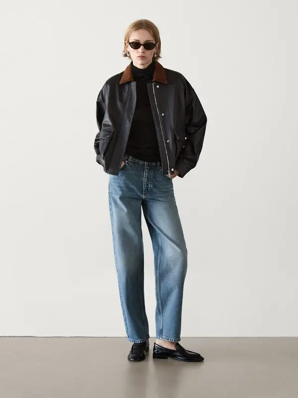 Massimo Dutti Nappa Leather Jacket With Corduroy Collar - Black