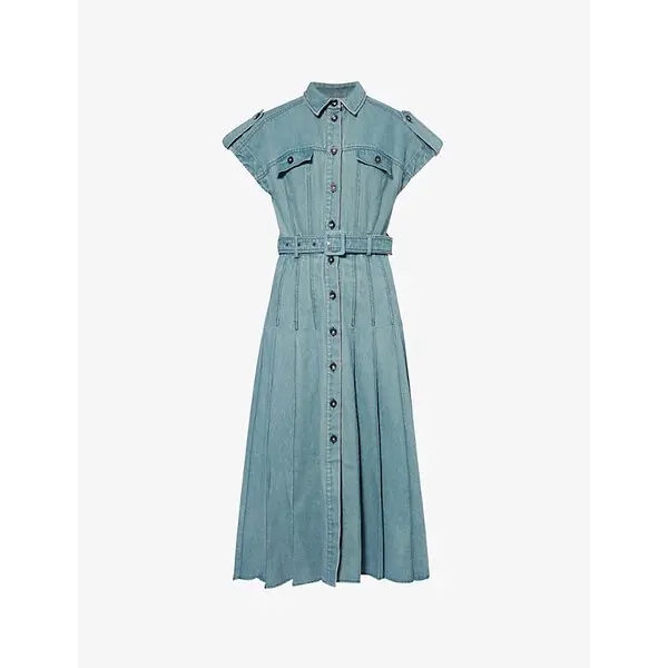 huishan zhang denim dress Laika Belted Midi - Den Blue COS Sleeveless Open Back Size:20'' for UK Size 4-6 custom-product_color-brown Embellished denim embroidered floral embellishment
