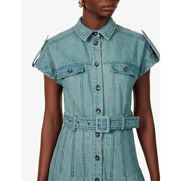 Huishan Zhang Laika Belted Denim Midi Dress - Den Blue | Editorialist