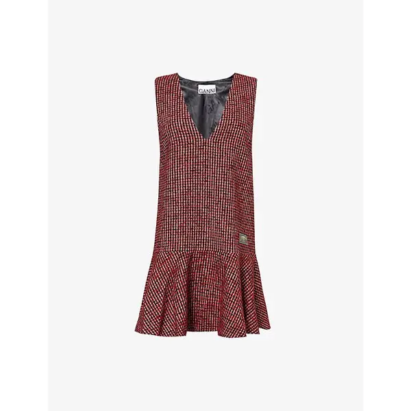 Ganni Check-Pattern Tweed Recycled Mini Dress - Racing Red | Editorialist