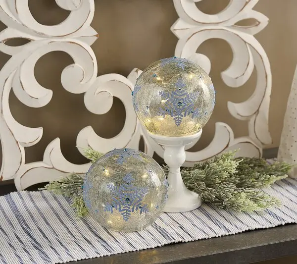 VALERIE PARR HILL Set Of 2 6' Lit Crackle Glass Spheres With Snow Valerie - One-color