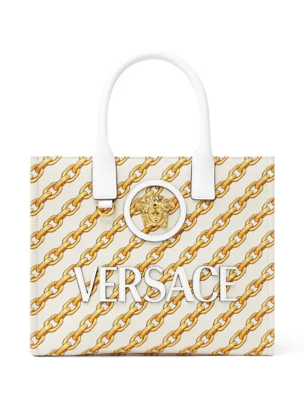Versace La Medusa Small Chain Stripes Tote - Neutrals