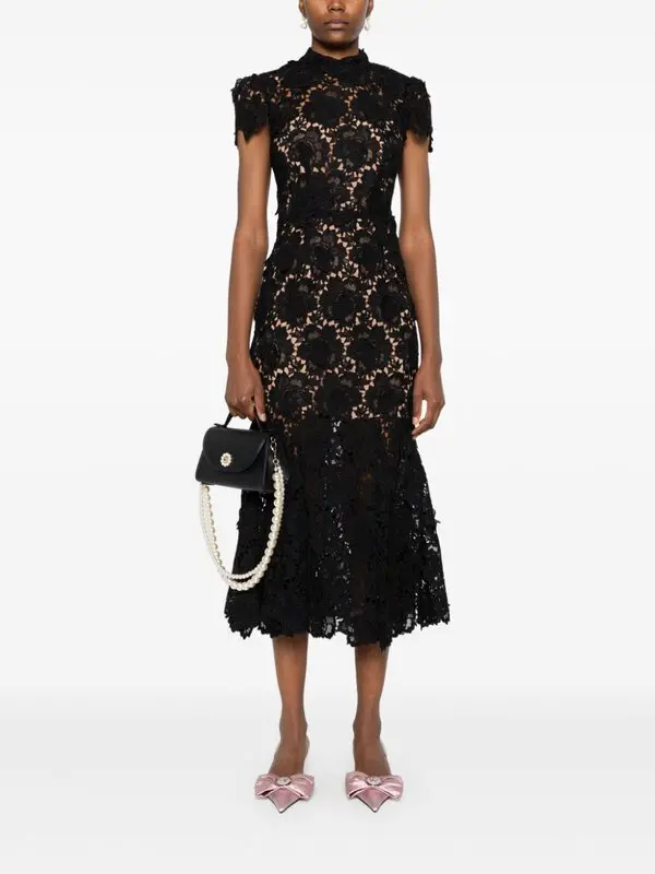 women's black dress pants flare Black Flower Lace Midi Dress – self-portrait-US main image 1