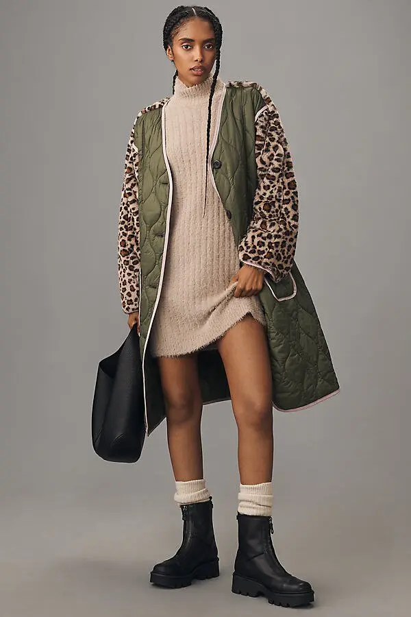 Anthropologie Quilted Long Liner Coat Jacket In Green - 40% Off