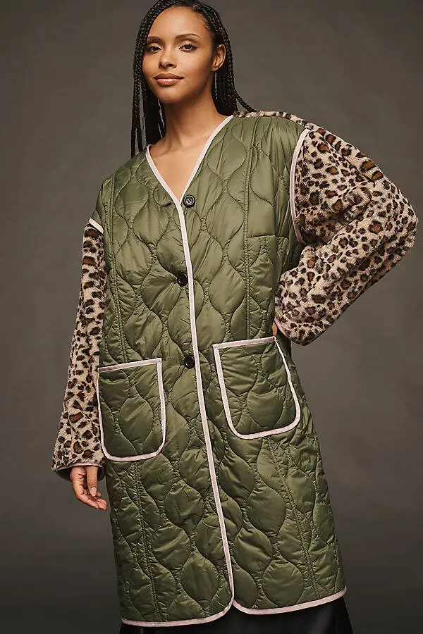 Anthropologie Quilted Long Liner Coat Jacket In Green - 40% Off