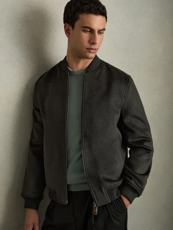 REISS Harlan Brushed Wool-blend Bomber Jacket - Dark Green