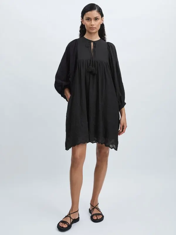 Mille Cotton Puff Sleeve Mini Dress - Black