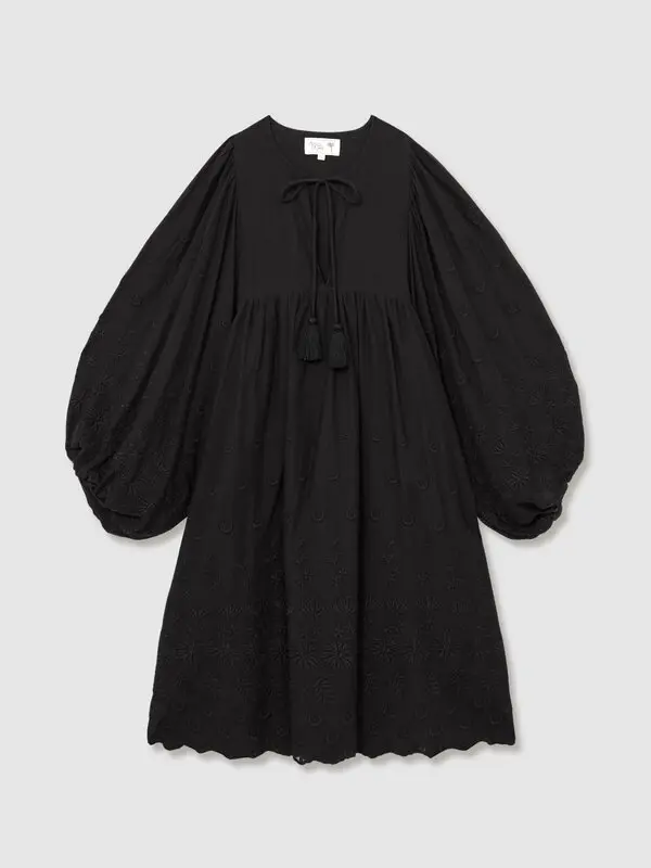 Mille Cotton Puff Sleeve Mini Dress - Black