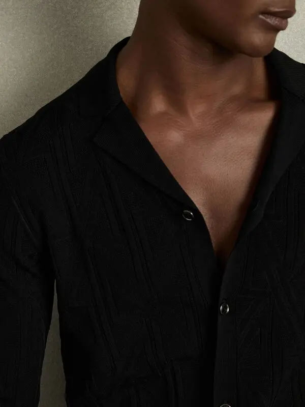 REISS Trixie Jacquard Cuban-collar Button-through Shirt - Black