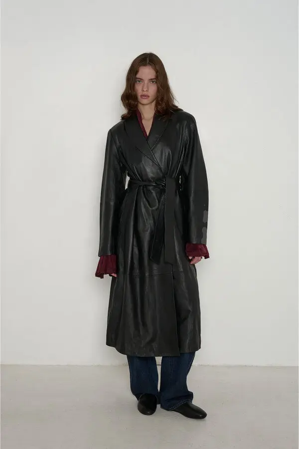 Veda Frida Full Length Leather Wrap Coat - Black