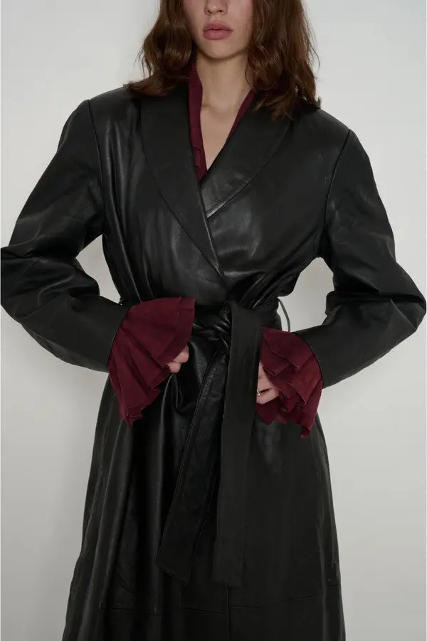 Veda Frida Full Length Leather Wrap Coat - Black
