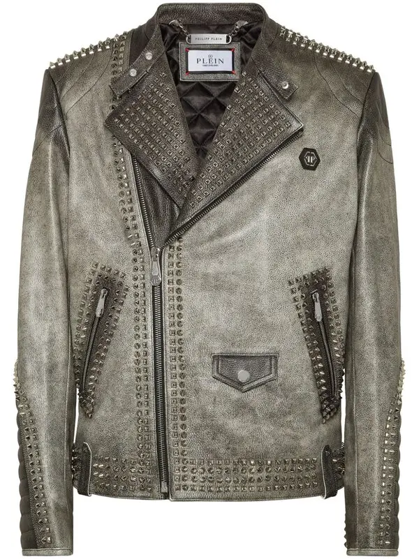 Philipp Plein Leather Biker Jacket - Grey