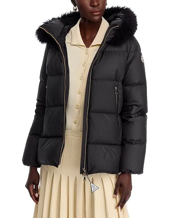 Moncler Laichefur Shearling Trim Hooded Down Jacket - Black