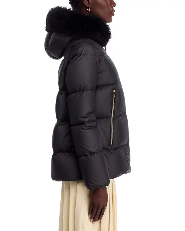 Moncler Laichefur Shearling Trim Hooded Down Jacket - Black