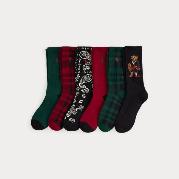 Ralph Lauren Polo Bear Cotton-blend Crew Socks 6-pack - Red/green/black