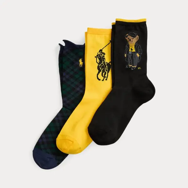 Ralph Lauren Polo Bear Crew Socks 3-pack - Yellow / Black / Navy