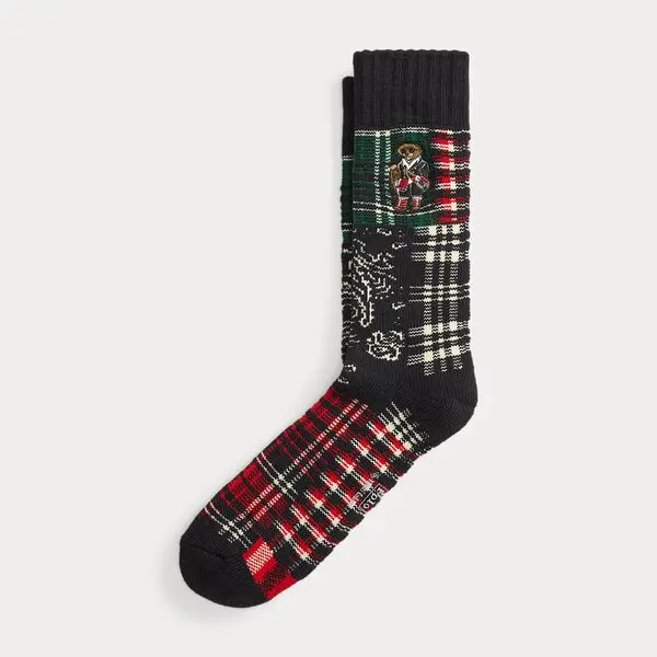 Ralph Lauren Polo Bear Patchwork Plaid Crew Socks - Black