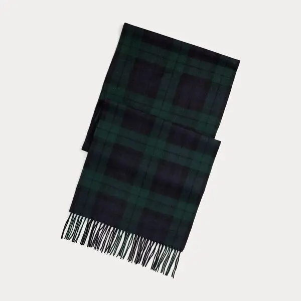 Ralph Lauren Plaid Cashmere Fringe Scarf - Navy/green/black