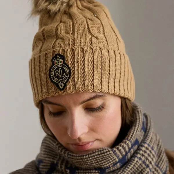 Ralph Lauren Crest-patch Pom-pom Cable-knit Beanie - Classic Camel