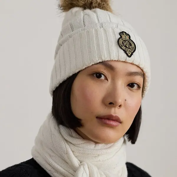 Ralph Lauren Crest-patch Pom-pom Cable-knit Beanie - Cream