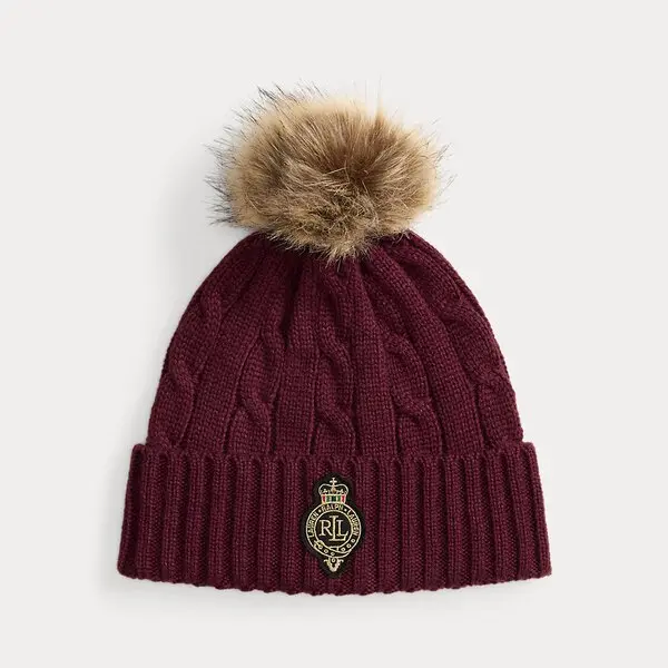 Ralph Lauren Crest-patch Pom-pom Cable-knit Beanie - Dark Garnet