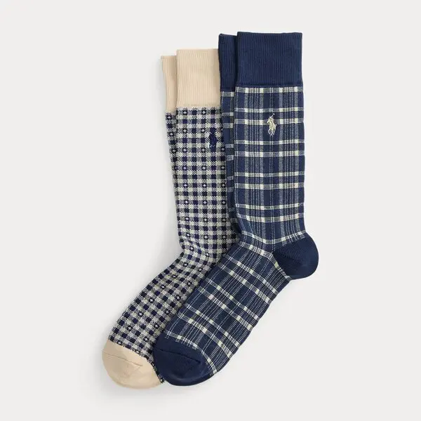 Ralph Lauren Plaid Cotton-blend Trouser Sock 2-pack - Cream/blue