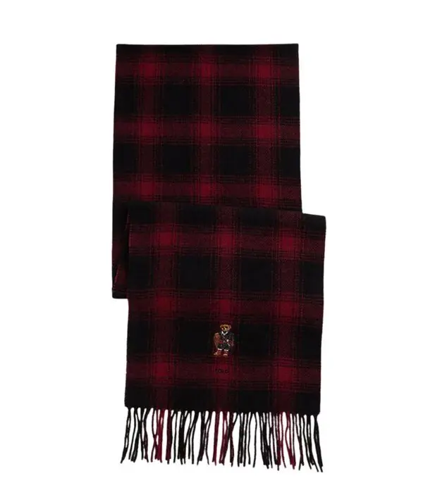 Ralph Lauren Polo Bear Plaid Wool Scarf - Black/red Plaid