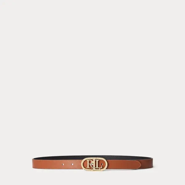 Ralph Lauren Oval-logo Reversible Leather Skinny Belt - Black/tan