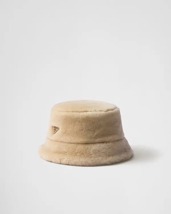 Prada Shearling Bucket Hat - Ecru
