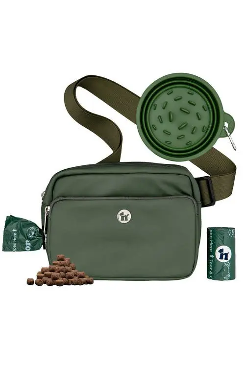 PUPPINGTON 3-in-1 Dog Walking Bag With Waste Bags Plus Travel Bowl - Basil Green