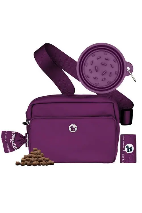 PUPPINGTON 3-in-1 Dog Walking Bag With Travel Bowl And Waste Bags - Plum Wine