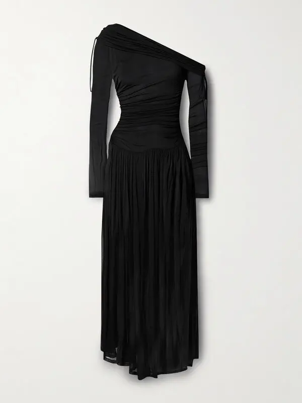 Zimmermann Crush Off-The-Shoulder Tie-Detailed Gathered Stretch-Mesh Maxi  Dress In Black - 40% Off | Editorialist