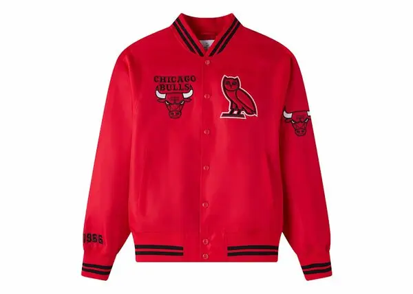 OVO X Nba Chicago Bulls Satin Varsity Jacket - Red