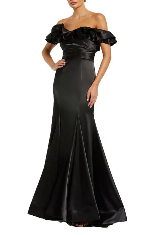 Mac Duggal Satin Ruffle Off The Shoulder Mermaid Gown - Black