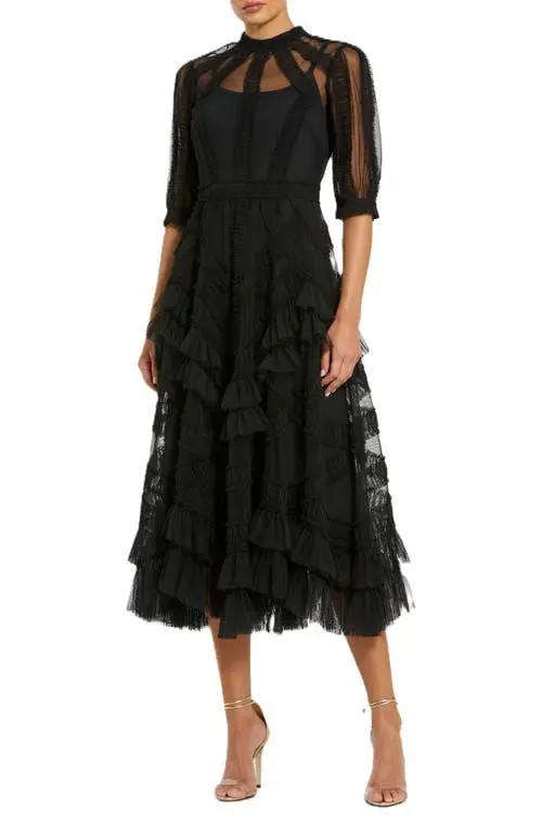 Mac Duggal High Neck Puff Sleeve Ruffle Tiered Dress - Black