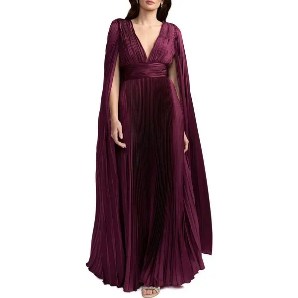 Mac Duggal Pleated Charmeuse V-neck Gown With Cape Sleeves - Plum