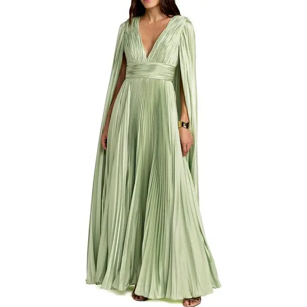 Mac Duggal Pleated Charmeuse V-neck Gown With Cape Sleeves - Sage