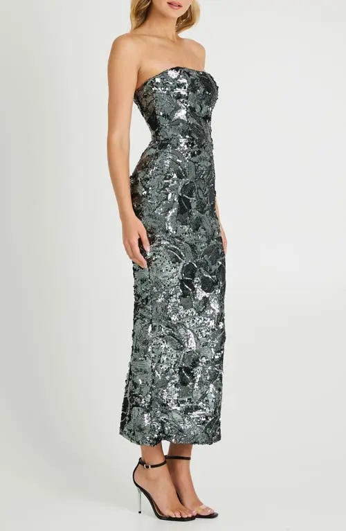 HELSI Leslie Pattern Sequin Strapless Gown - Gunmetal