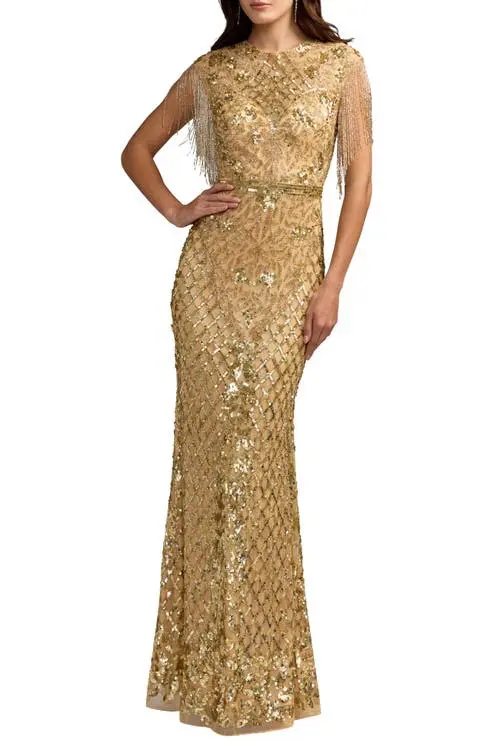 Mac Duggal High Neck Beaded Fringe Gown - Gold