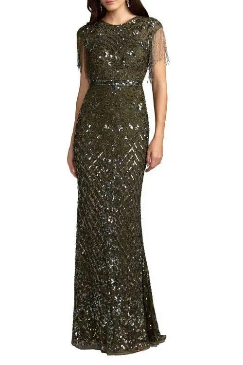 Mac Duggal High Neck Beaded Fringe Gown - Olive