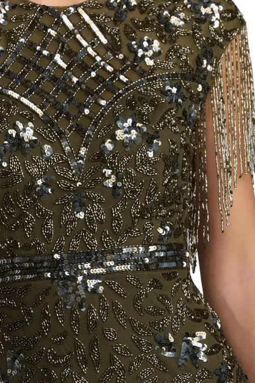 Mac Duggal High Neck Beaded Fringe Gown - Olive