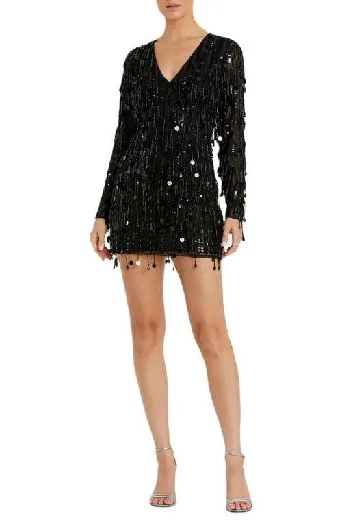Mac Duggal Long Sleeve Beaded Fringe Plunge Neck Dress - Black