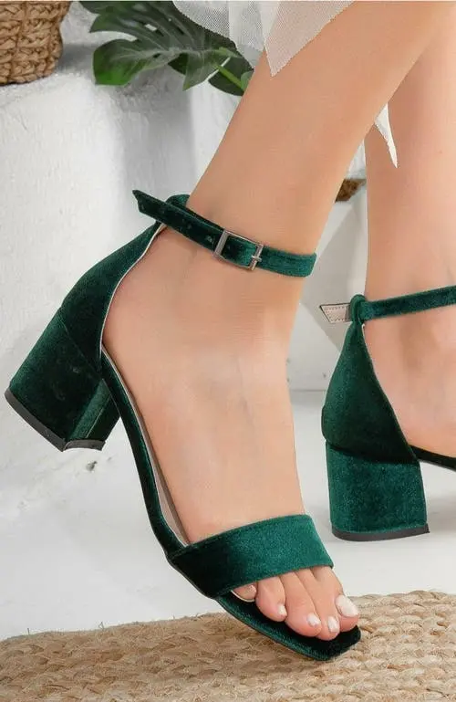 FOREVER & ALWAYS SHOES Iva Low Block Heel Sandals - Emerald Green Velvet
